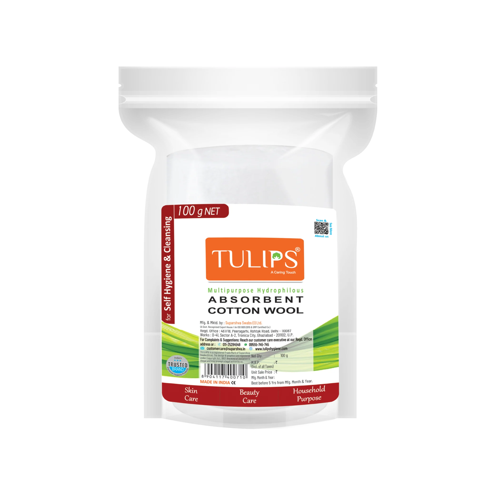 Absorbent Cotton Roll (100 gm in a Ziplock Bag) – Tulips Hygiene